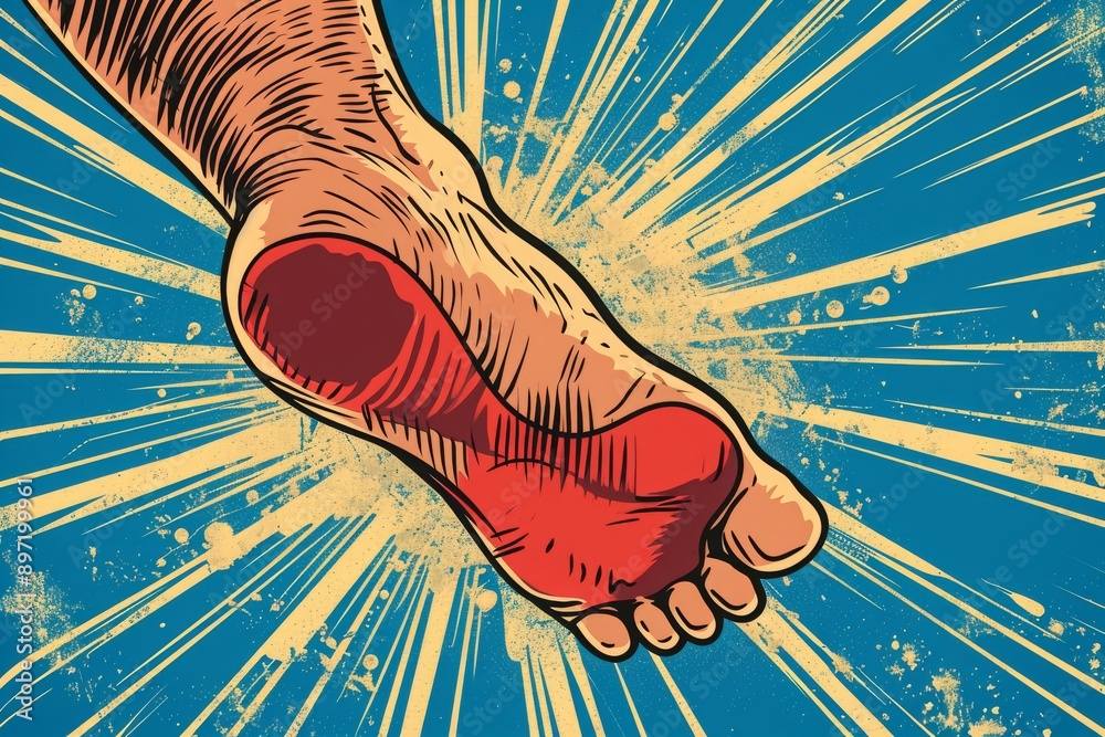 A detailed drawing of a foot with a noticeable red spot on the sole ...
