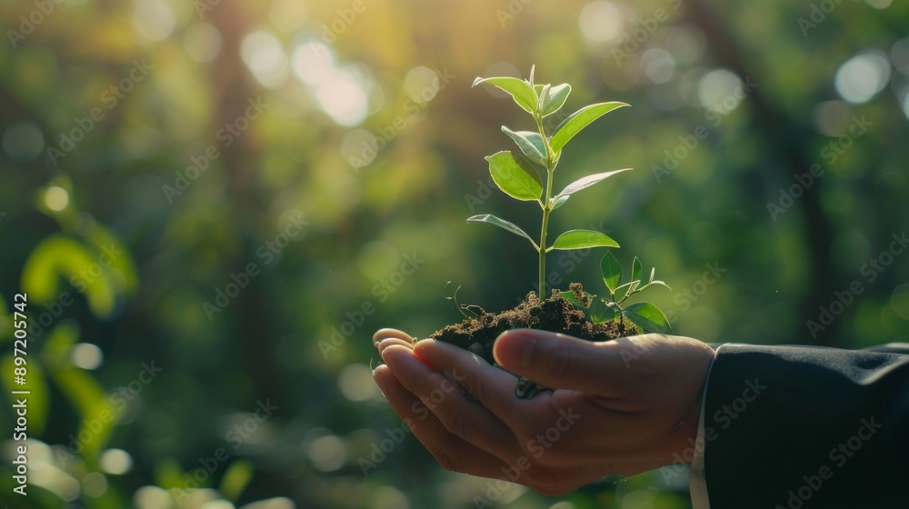 Environmental protection concept, businessman hand hold sapling, analyze investment ...