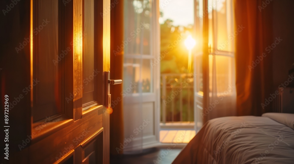 Opened door of hotel room in morning with background blurred happy ...