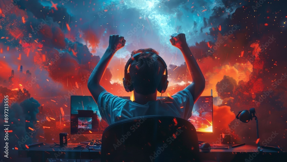 gamer winner raises both hands up against gamer's room with monitors ...
