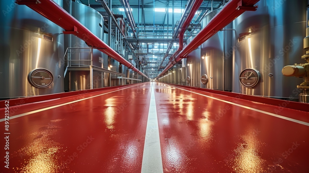 Red Floor in a Modern Industrial Facility With Stainless Steel Tanks ...