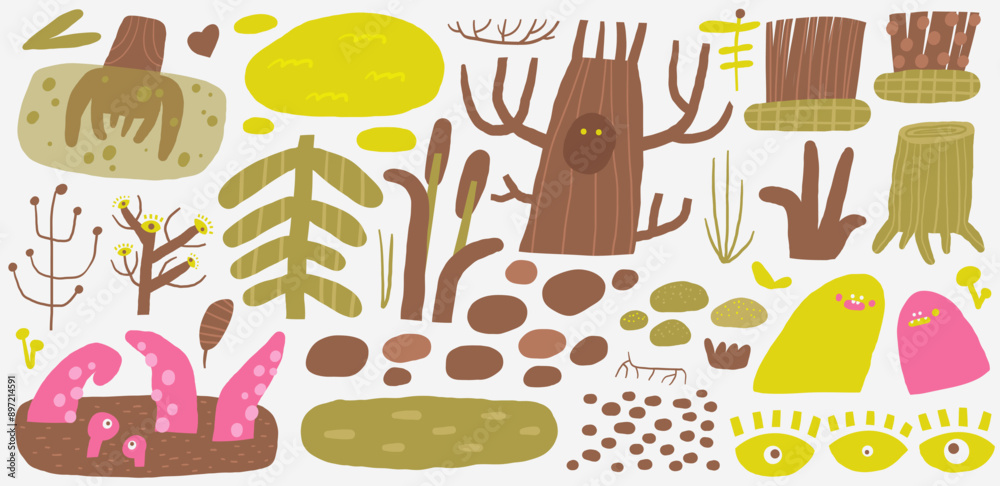 Cute swamp funny hand drawn doodle plants set with ghost, monster, toad ...