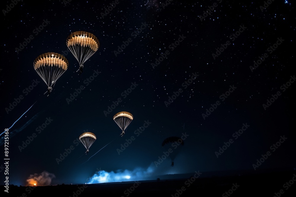 Multiple parachutes soar through the dark skies, illuminated only by ...
