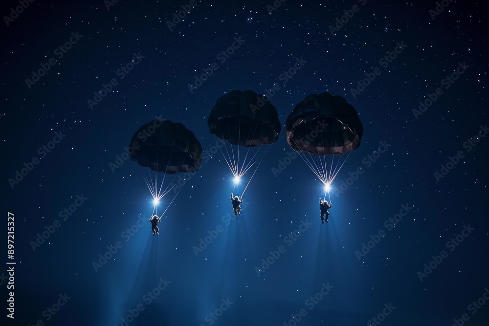 Multiple parachutes soar through the dark sky as they glide towards ...