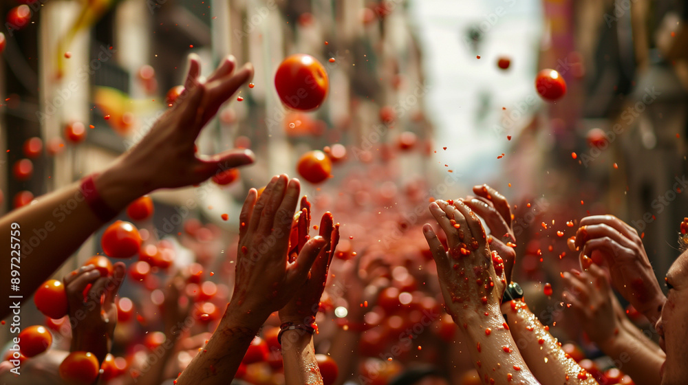 Hand throwing tomatoes at La Tomatina festival, bright red tomatoes ...