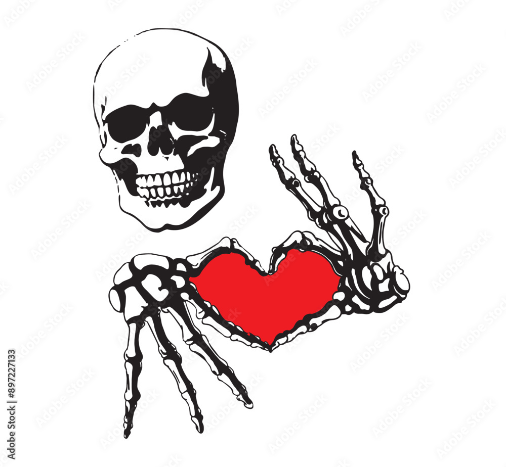 Skeleton doing red Heart shap with hands smiling Tattoo White on Black ...