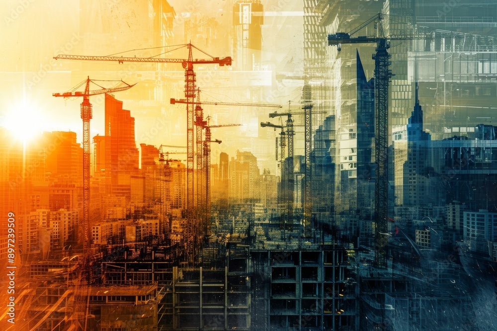 An urban landscape dominated by tall buildings and cranes in active ...