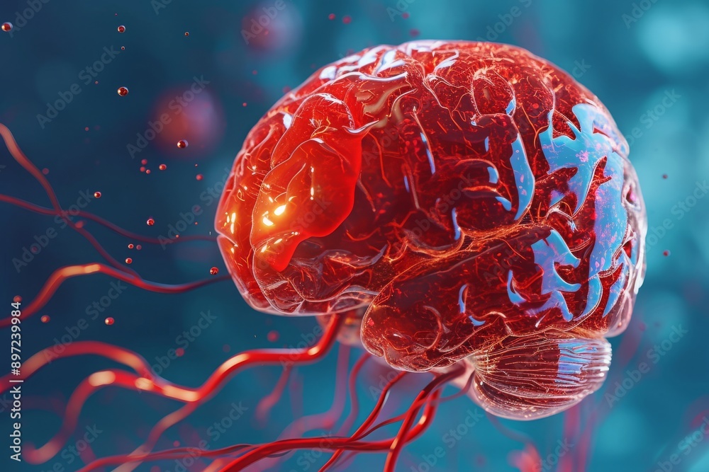 This close-up photo showcases a detailed view of a red brain and its ...