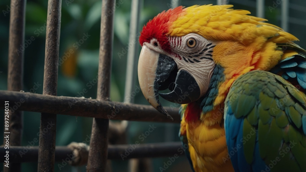 Wildlife trafficking concept Wild macaw being captured in a cage of an ...