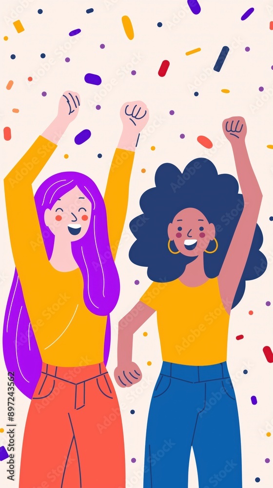 Two friends, one with purple hair and one with brown hair, cheer in ...