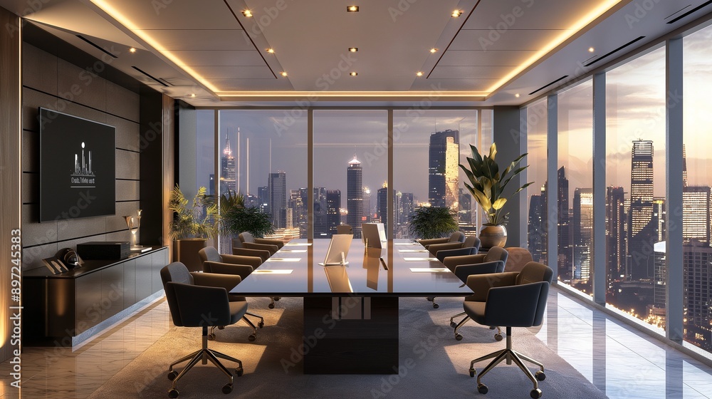 A modern meeting room with a sleek conference table, high-tech ...