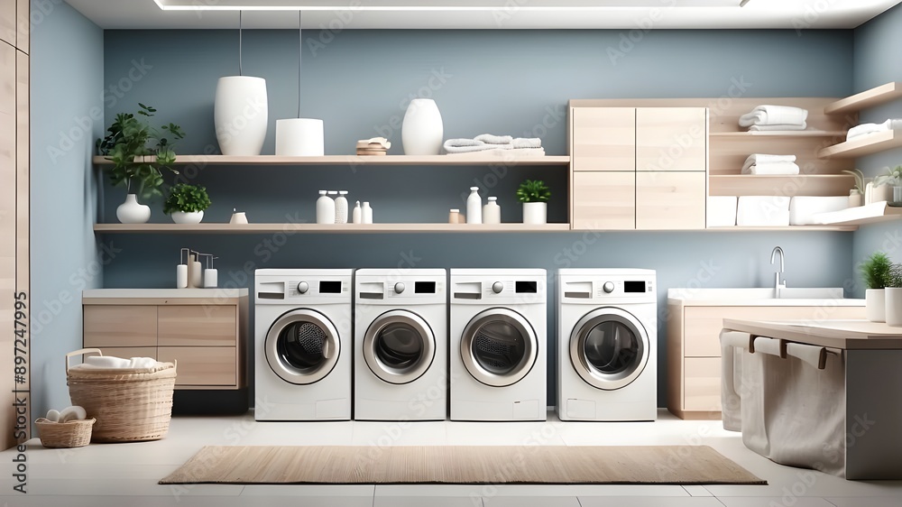 Interior front view mockup design of washing machines in a clean ...