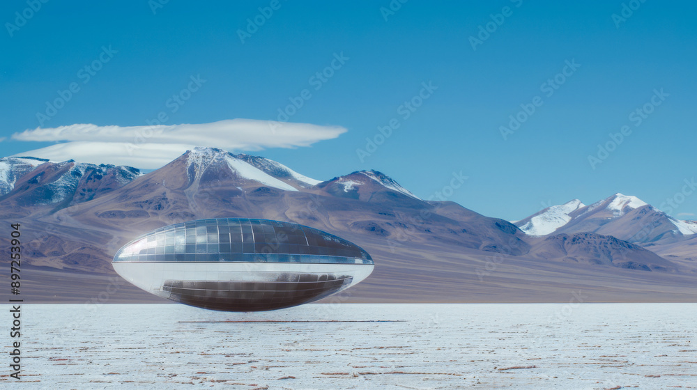 UFO above Salt Desert at Day: Silver Metallic Tic-Tac Shaped UAP UFO Flying Saucer Hovers over ...