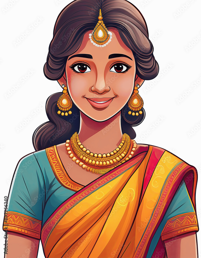 2D cartoon style Indian girl in traditional costume, Indian woman in ...