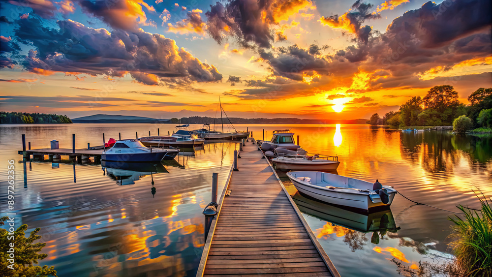 A wooden dock stretches into a calm lake, with multiple boats tied up ...