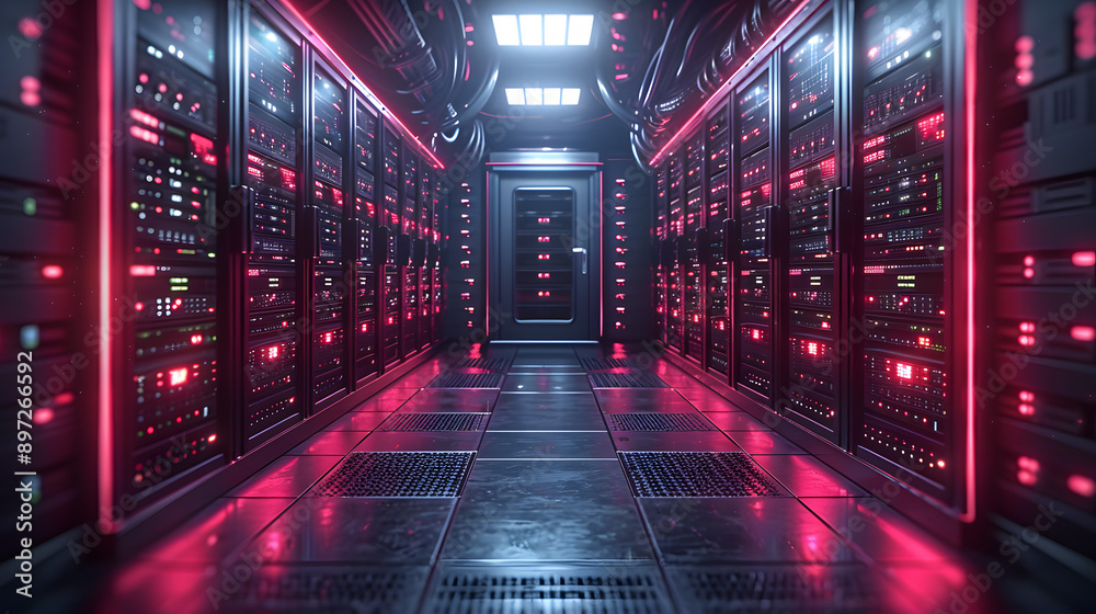 internet lan cable in a modern server room for storing and transmitting ...