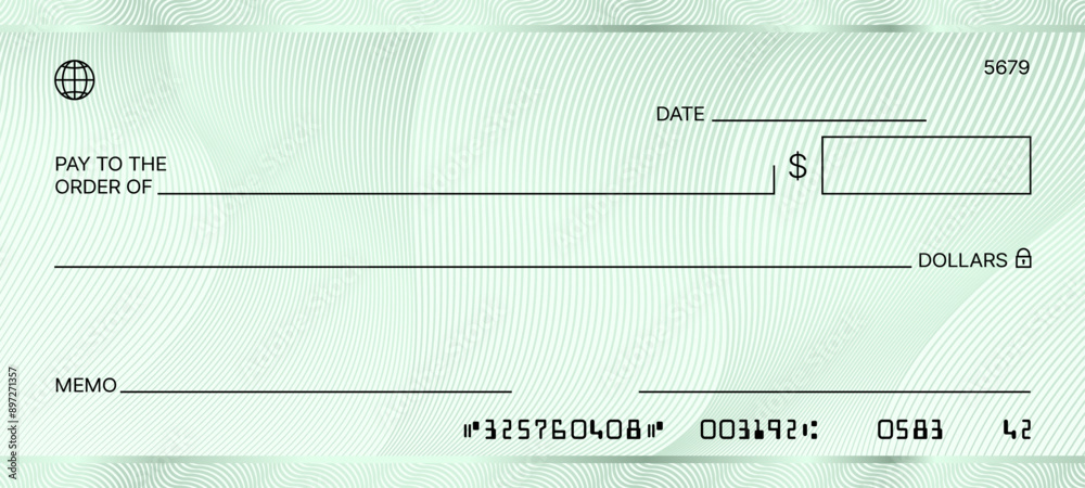 Blank green bank check. Checkbook cheque template. Vector document with ...