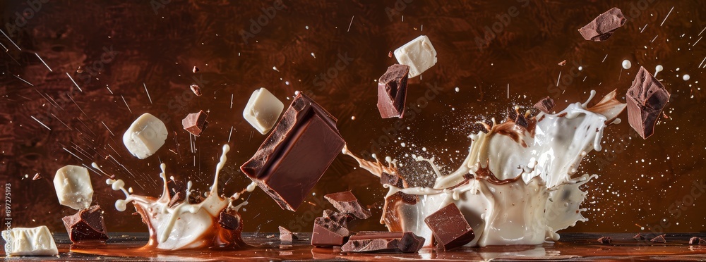 Decorative bar of chocolate falling from the air over white background ...