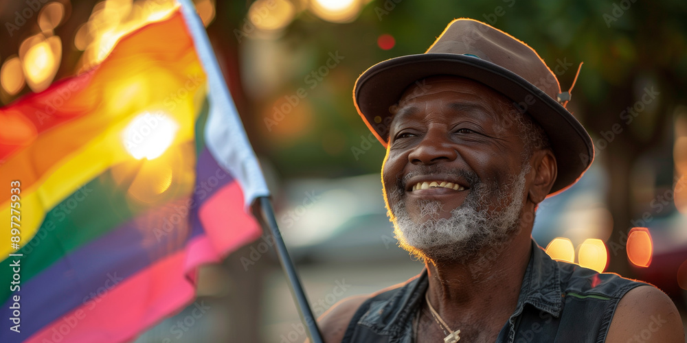 Inclusive image of a happy mature black african american gay man celebrating pride festival with ...