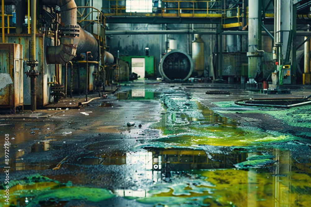 Chemical spill in a factory, with hazardous materials spilling toxic ...