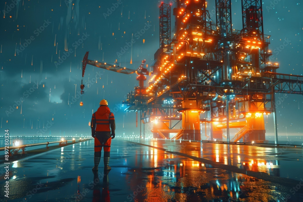 Offshore oil rig with engineer examining robotic arms under a digital ...