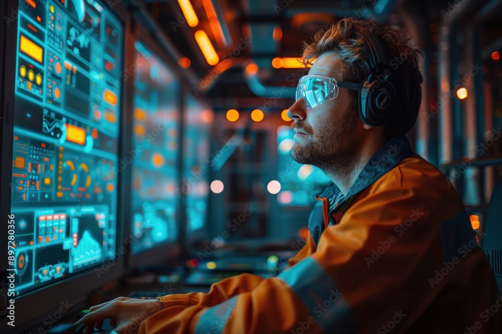 Engineer in a neon-lit control room on an oil platform with holographic ...
