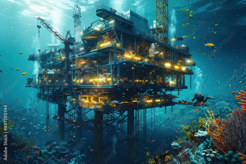 Underwater base of an oil platform with marine life and an engineer in ...