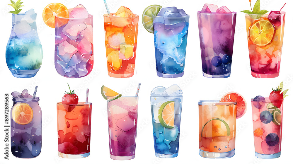 various mocktail fruit juice summer refreshing drink watercolor cartoon ...