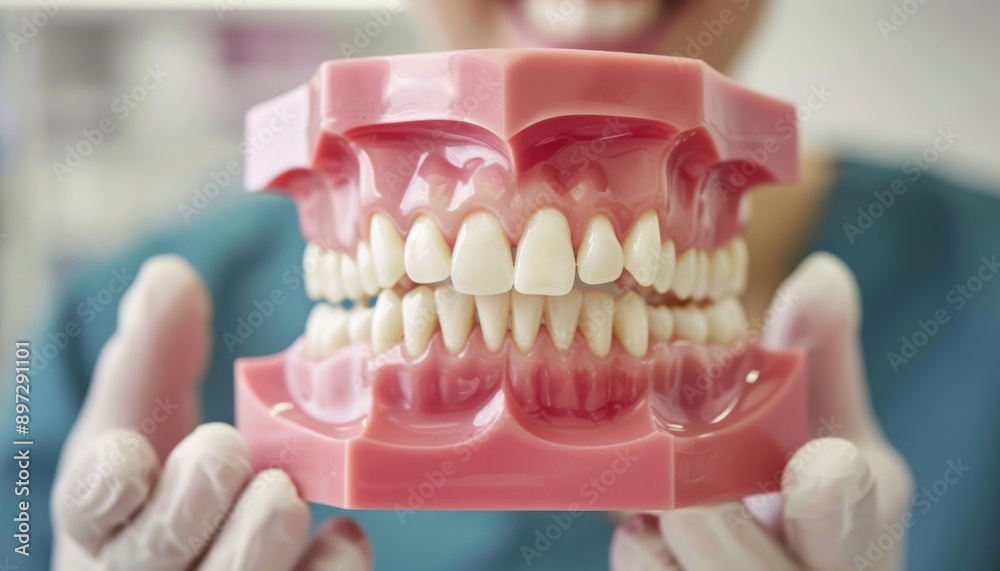 A dental professional displays a detailed model of teeth, highlighting ...