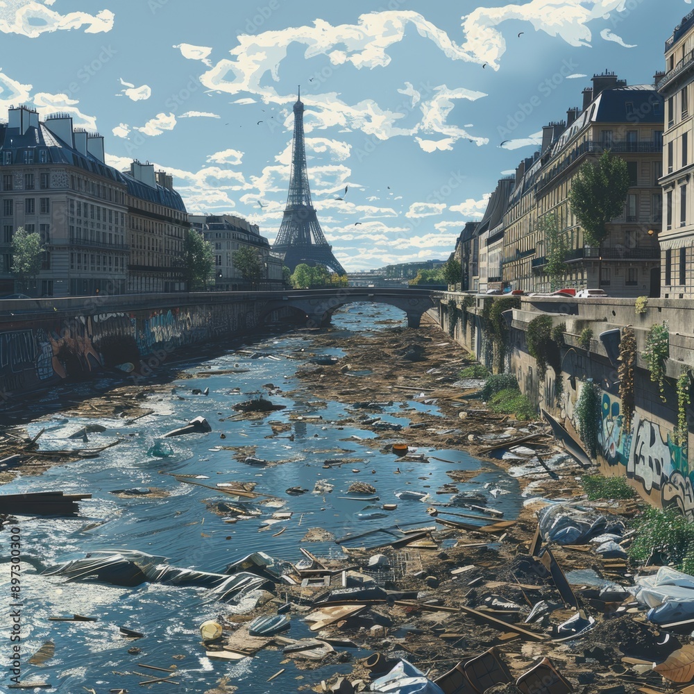 Digital Illustration of Sewage Pollution in Seine River, Paris: AI ...