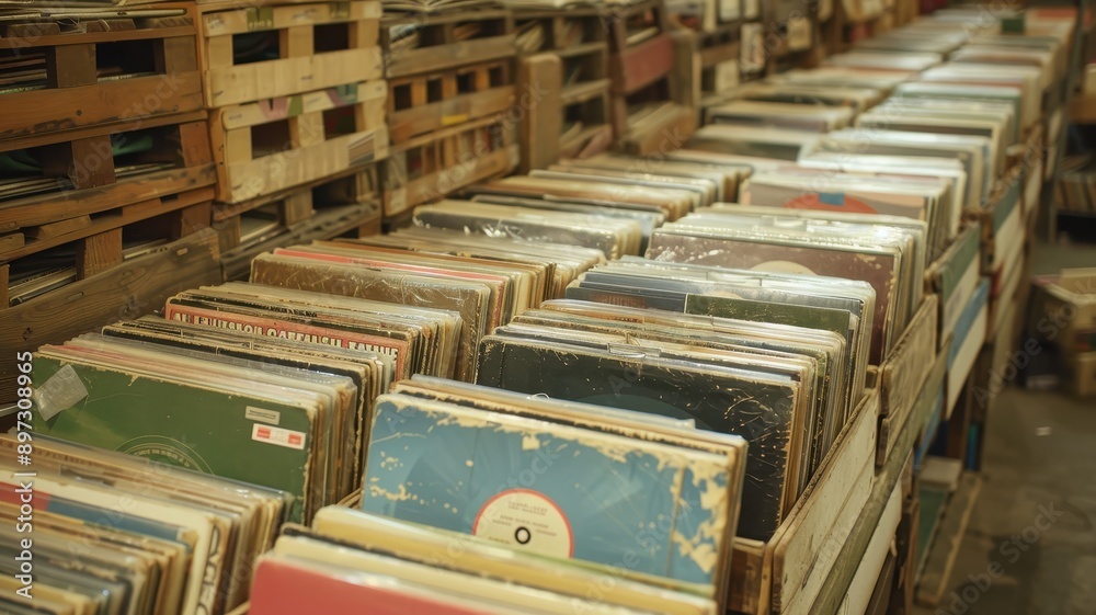 Vintage vinyl records collection in wooden crates at an old shop ...