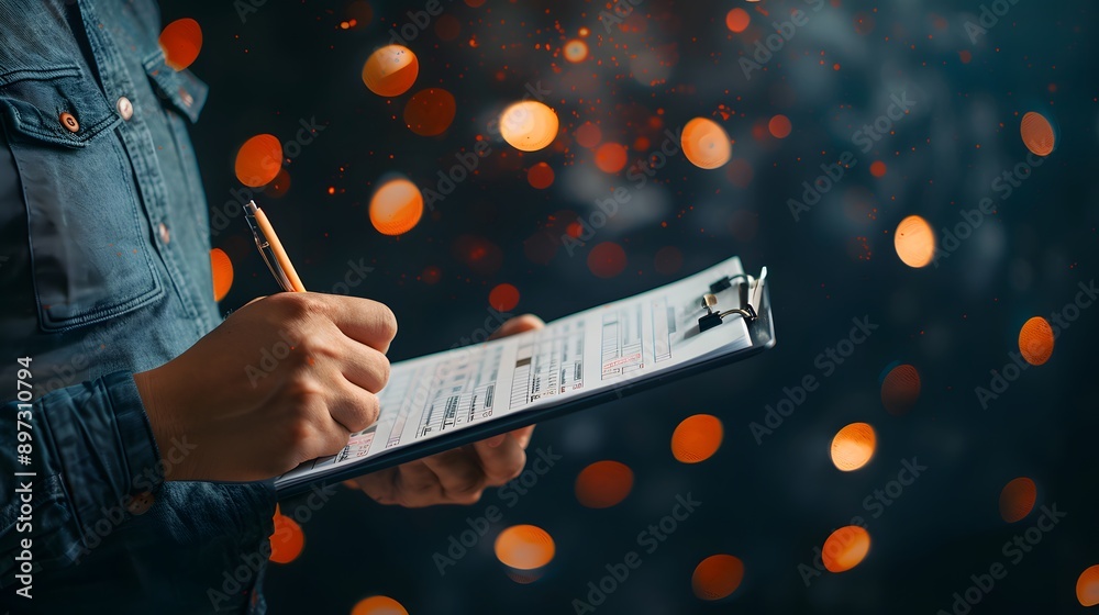 Side view, an auditor or specter holding a clipboard and checklist of ...