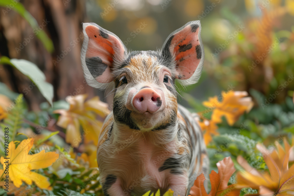 Exotic pig with rare fur patterns and vibrant colors in a lush, natural ...