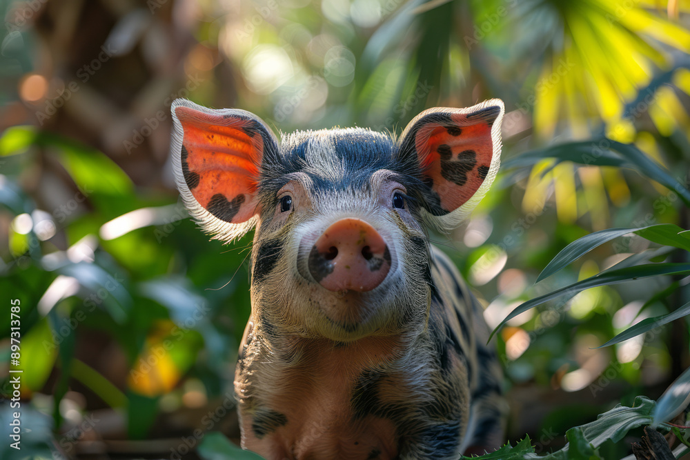 Exotic pig with rare fur patterns and vibrant colors in a lush, natural ...