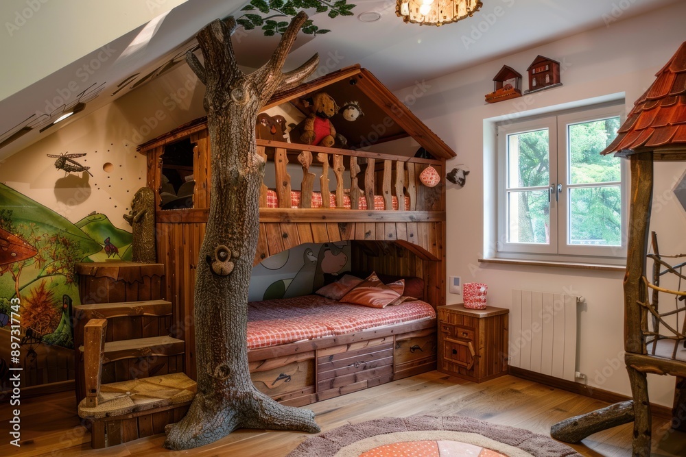 Magical and whimsical child's bedroom featuring a unique, rustic wooden ... Magical and whimsical child's bedroom featuring a unique, rustic wooden ...