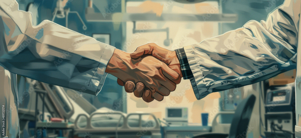 Medical handshake agreement. Two medical professionals shake hands in a ...