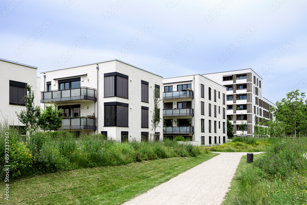 Residential Modern Buildings in Germany Munich with White Facade, Green ...