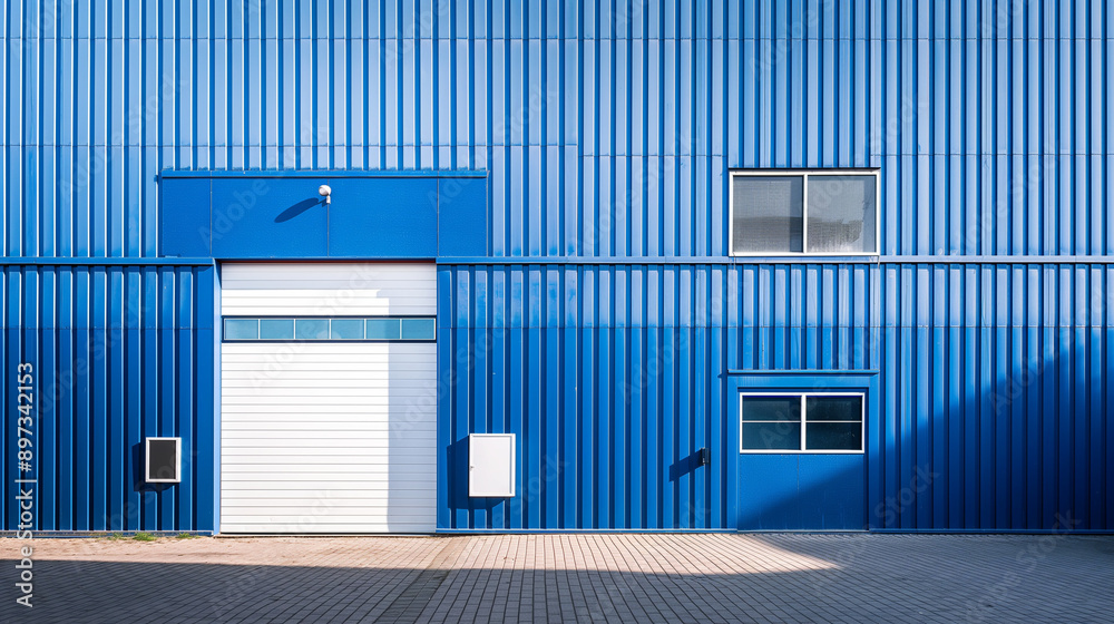 Exterior a blue industrial warehouse dock station exterior with blue ...
