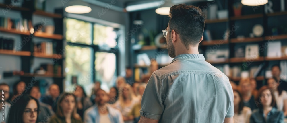 Energizing pep talk during a team meeting with a charismatic leader ...