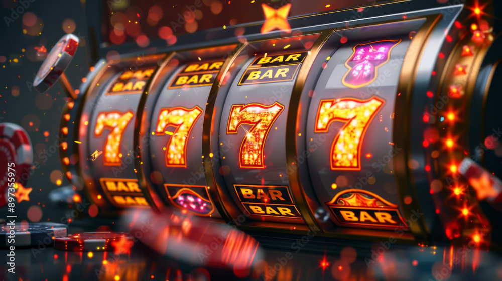 The slot machine reels spin with winning symbols. Winning symbols have ...