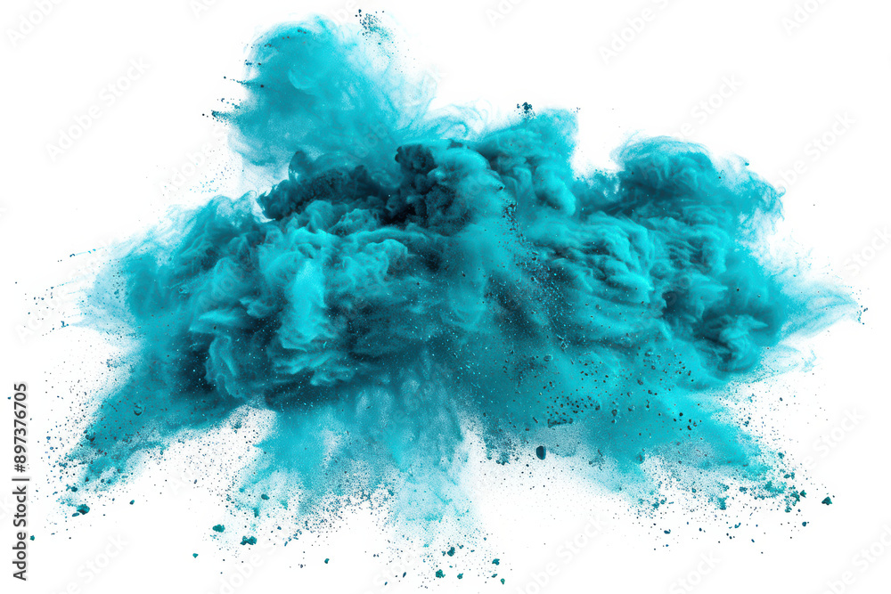 Dynamic burst of teal powder explosion on white background, vividly ...