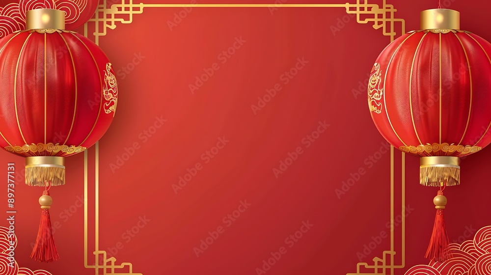 Two red Chinese lanterns with gold designs and tassels at the top left ...