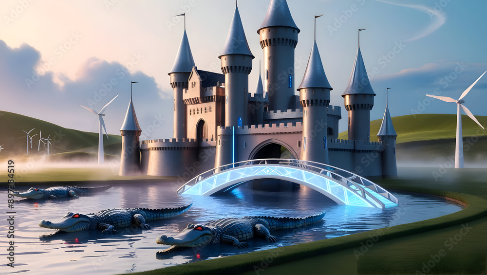 A medieval-style castle with a modern twist, featuring a futuristic ...