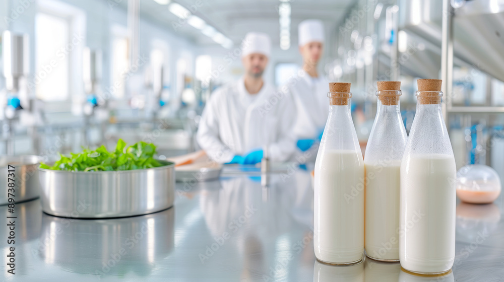 Milk Bottles in a Dairy Factory. Fresh Milk Production Process with ...