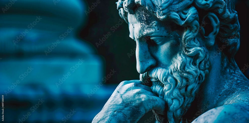 Ancient Greek philosopher statue, with a stoic expression and in a deep ...