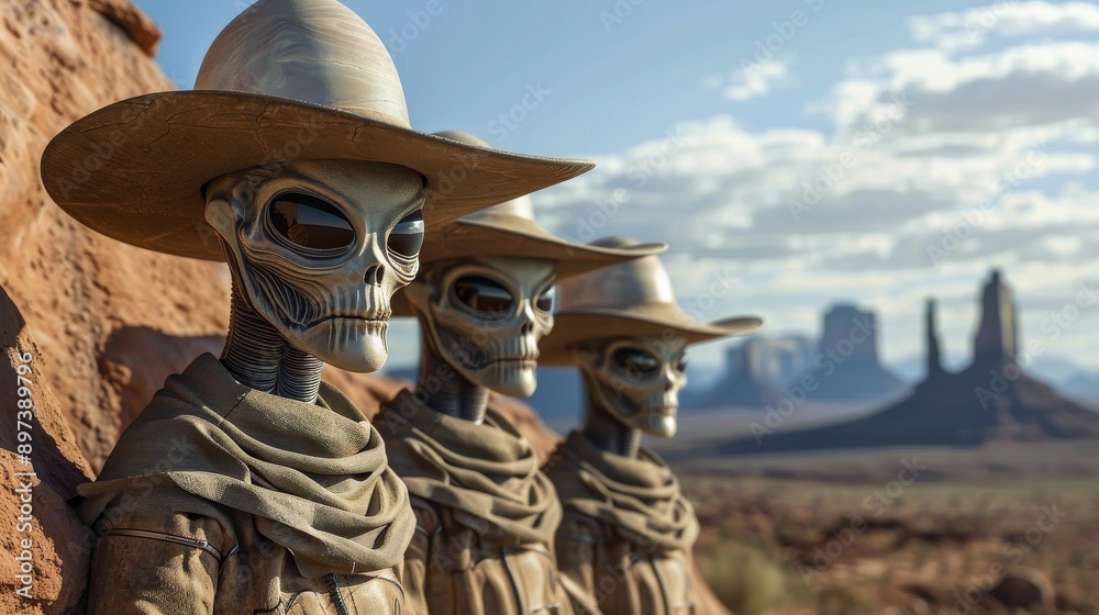 Three aliens dressed as cowboys stand in a line in a desert landscape ...