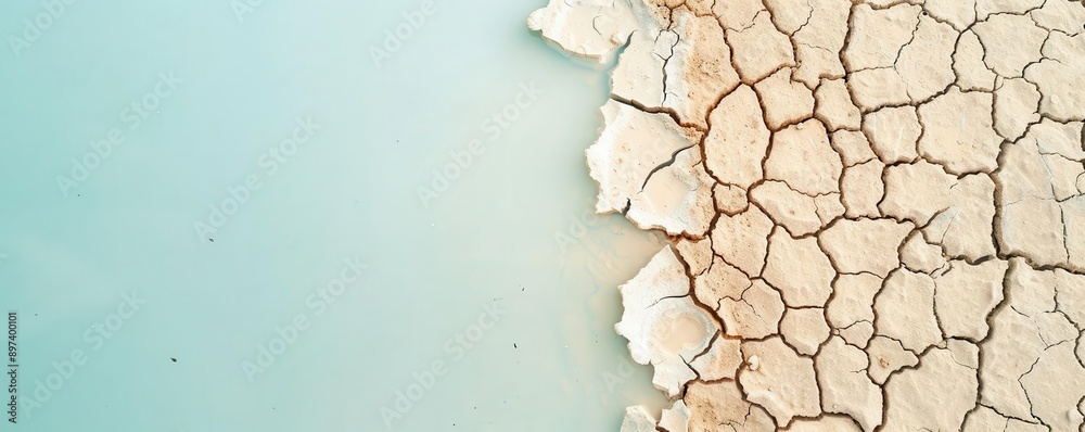 Aerial view of cracked, dry earth contrasting with blue water ...