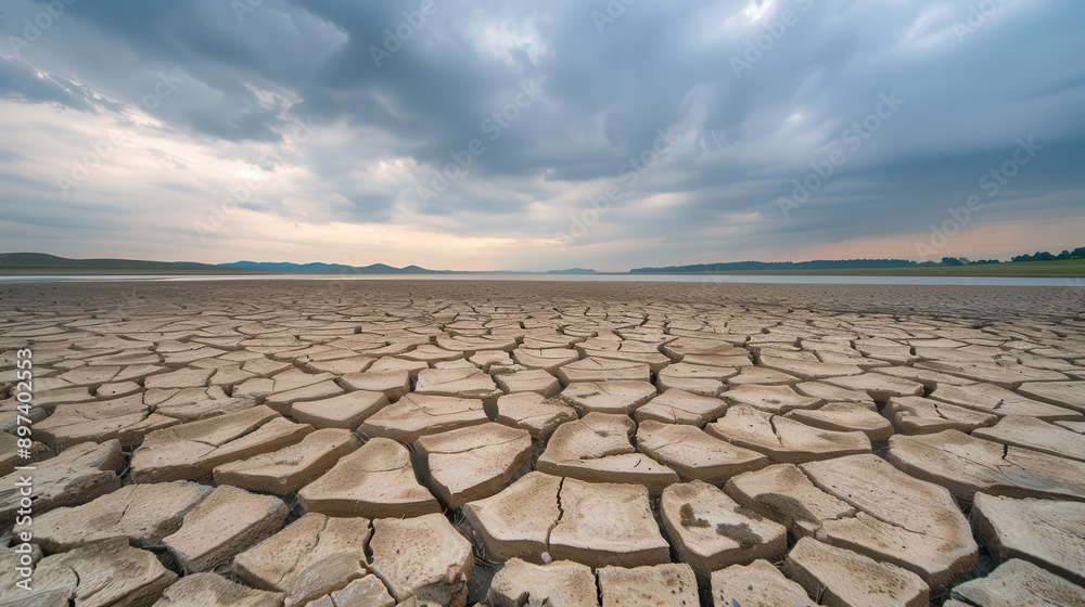 Wide-angle view of a dry, cracked desert landscape under a cloudy sky ...