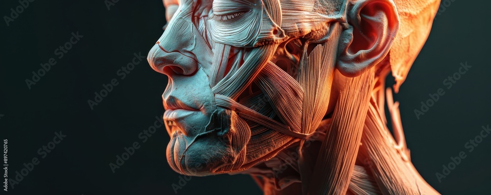 Detailed anatomy model showing human head muscles and facial structure ...