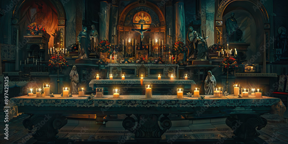 Bastion of Tradition: An ornate altar, adorned with flickering candles ...